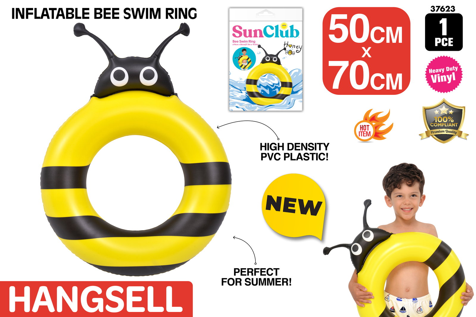 1pce Bee Swim Ring 70x50cm Inflatable Pool Toy Summer Kids & Family