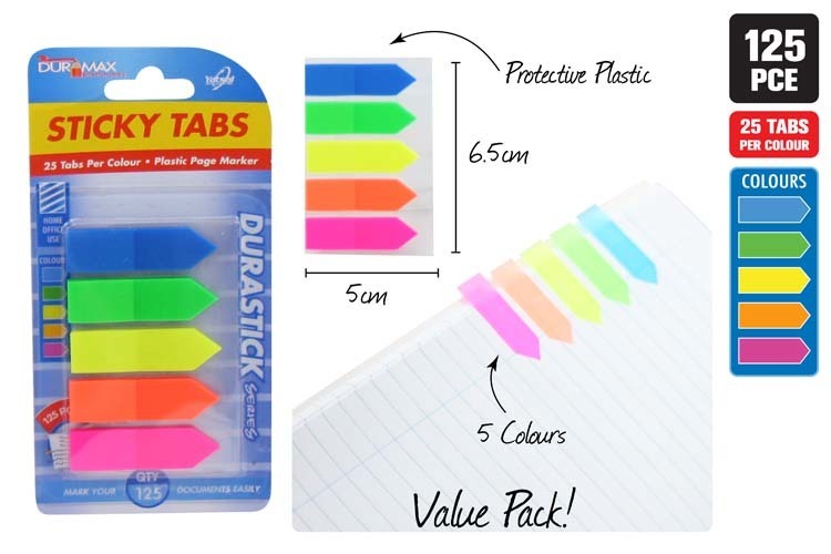 NEW 5pce Sticky Tabs- 25 sheets per colour - Plastic Doc Protection