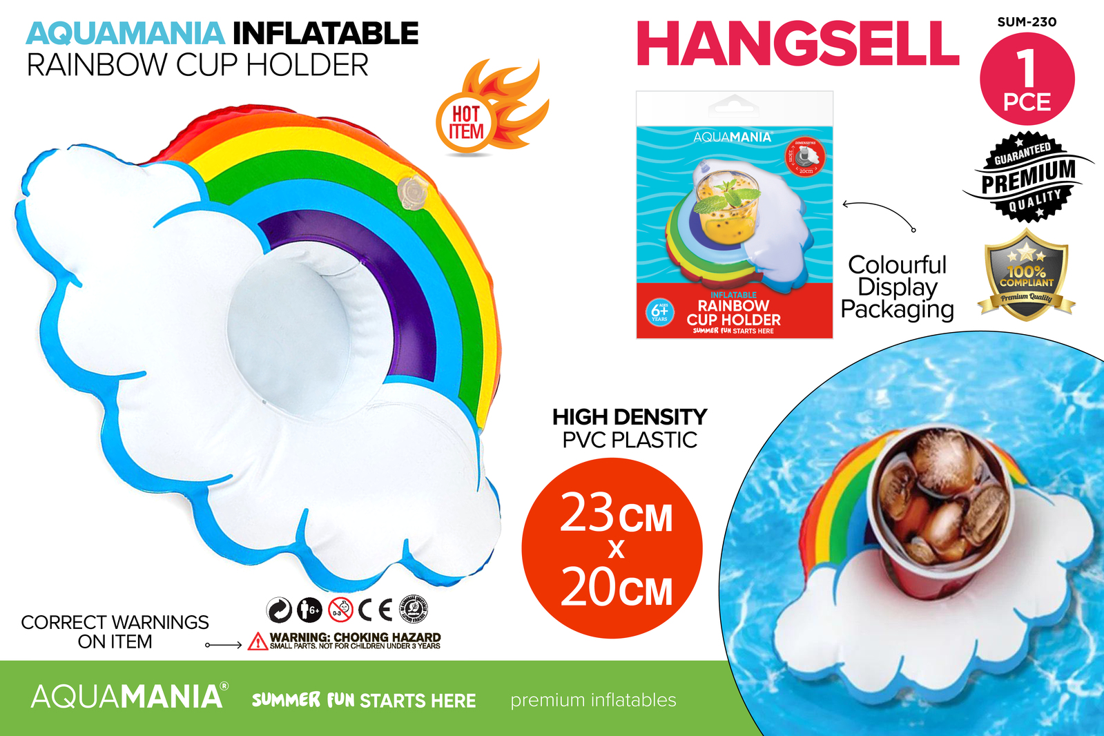 1pce Rainbow Cup Float 23x20cm Inflatable Pool Toy Summer Kids & Family