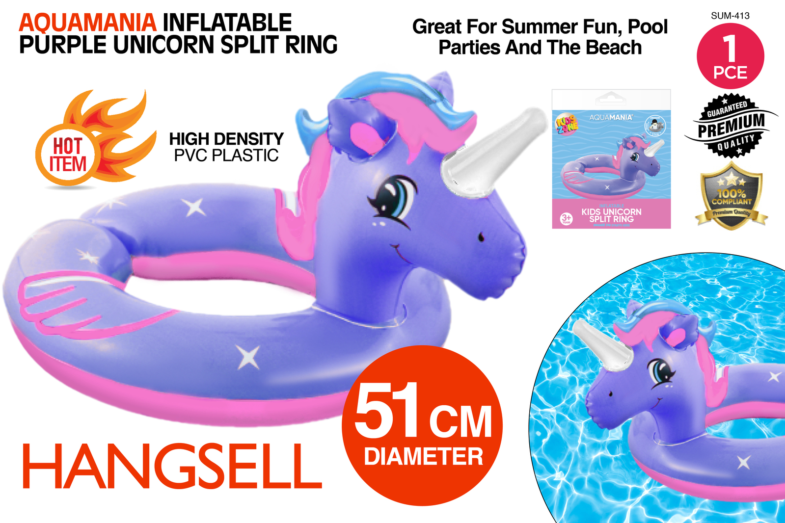 1pce Pink Unicorn Split Ring 51cm Inflatable Pool Toy Summer Kids & Family
