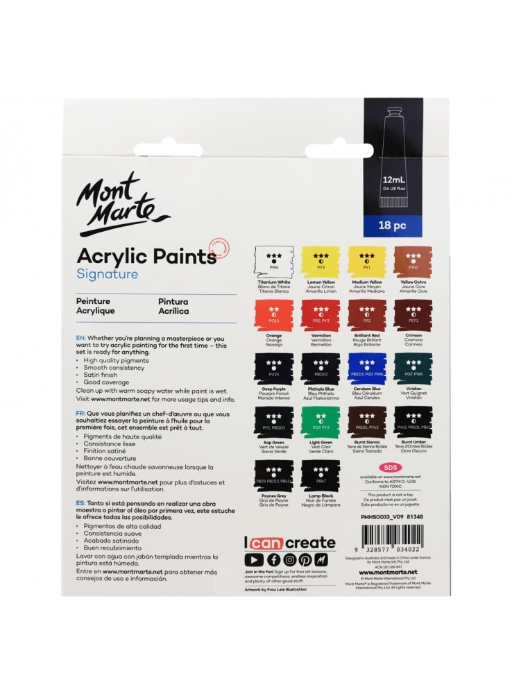 Mont Marte Artist Acrylic Paints 18pce x 12ml