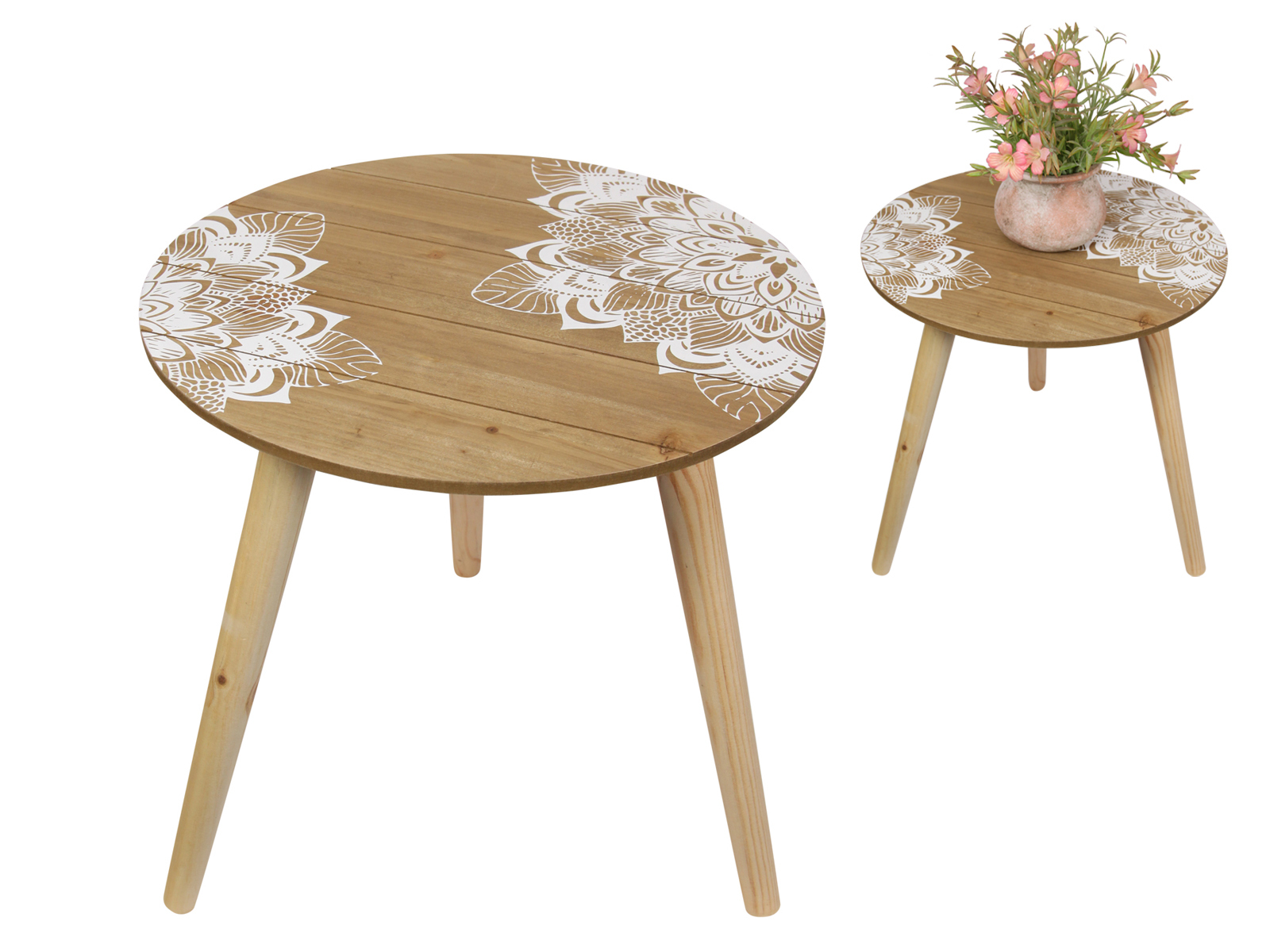 1pce 40cm Round Wooden Table with White Mandala Boho Print Legs