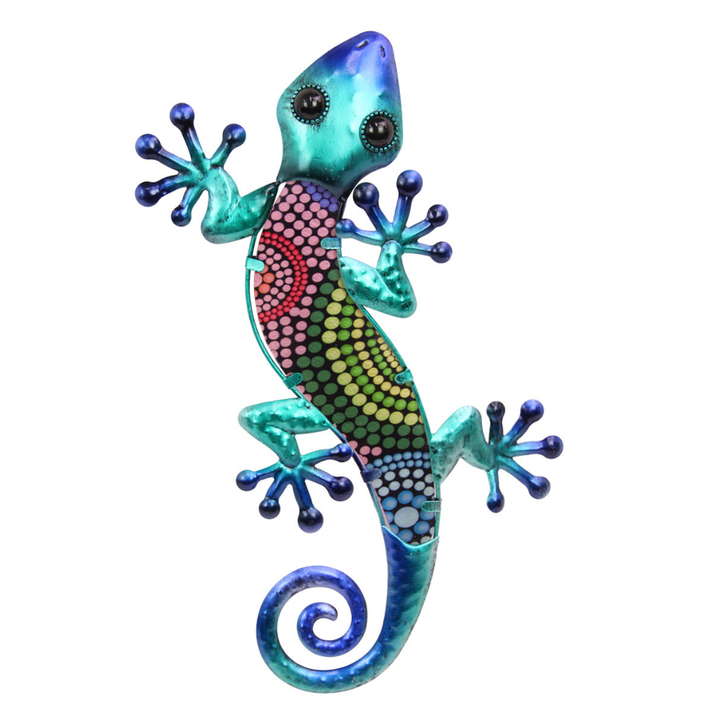38cm Lizard Wall Art Blue Tribal Dot Design Made of Metal & Glass Colourful
