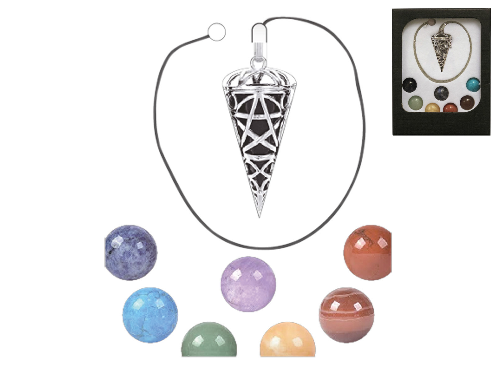 Pendulum with Chakra Crystal Gemstones in Gift Set 8 Pieces Metal Centre