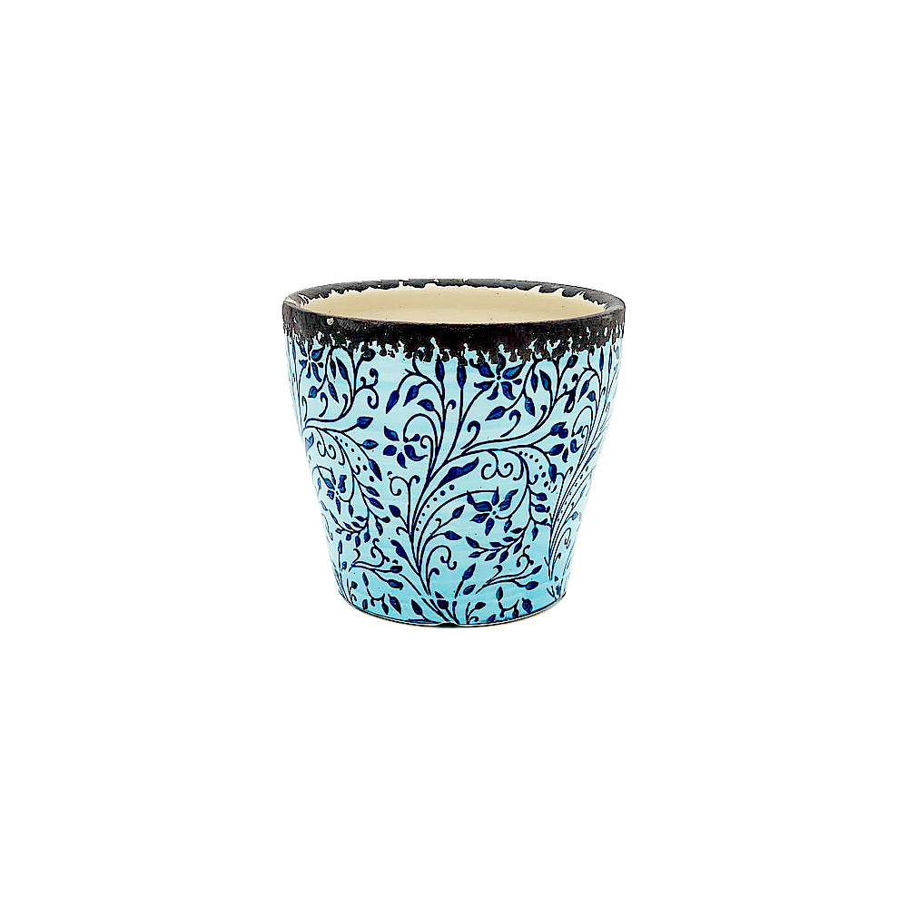 1pce Medium Sky Blue Flower Pot Ceramic 13.7x12cm with Indigo Floral Detail